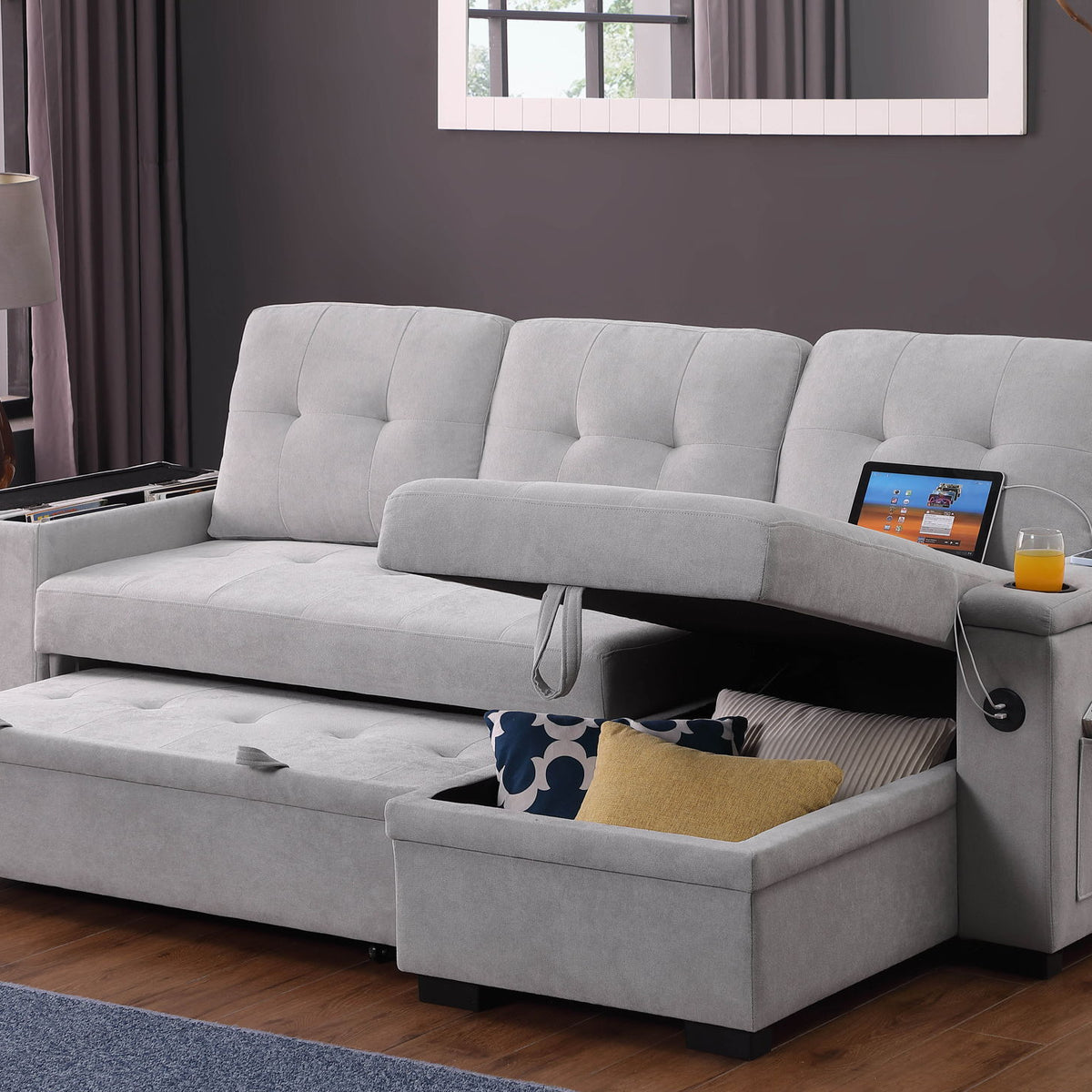 Ashlyn II - 84"W Woven Fabric Reversible Sleeper Sectional Sofa w