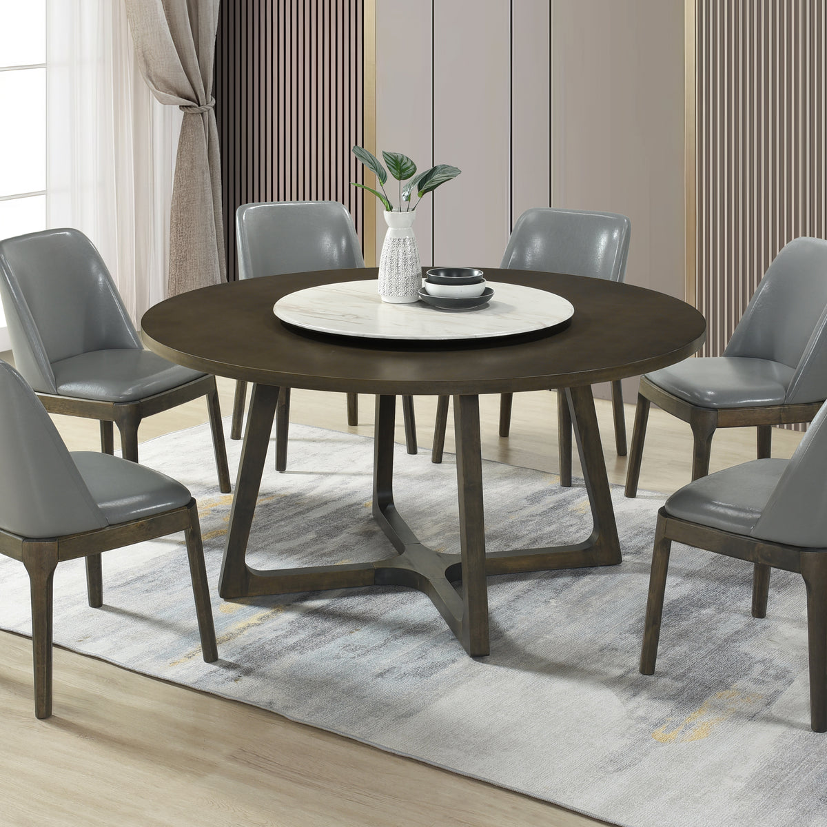 Modern 7-Piece Round Dining Table Set with Lazy Susan | Grey Faux Marb