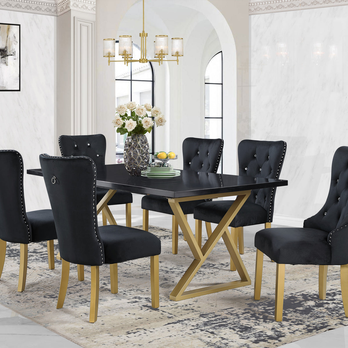 7-Piece Black Marble Dining Set with Steel Base and Velvet Chairs - BEL ...