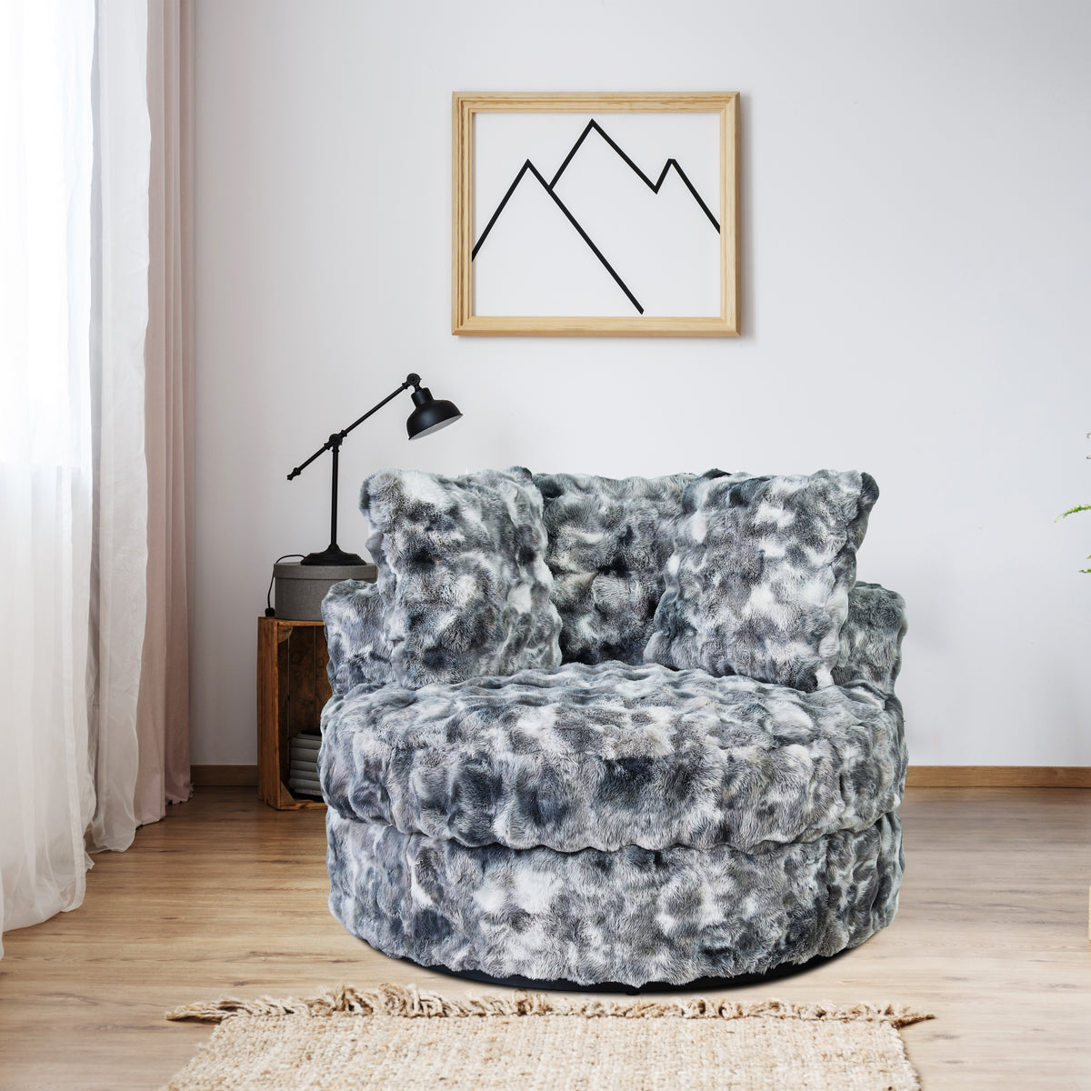 Gray Faux Fur Swivel Accent Chair with Pillows | Modern Cozy Chair