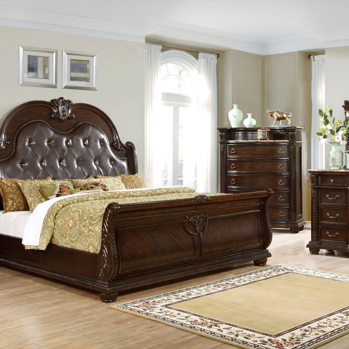 Traditional Dark Cherry Bedroom Set with Marble Tops | Bel Furniture